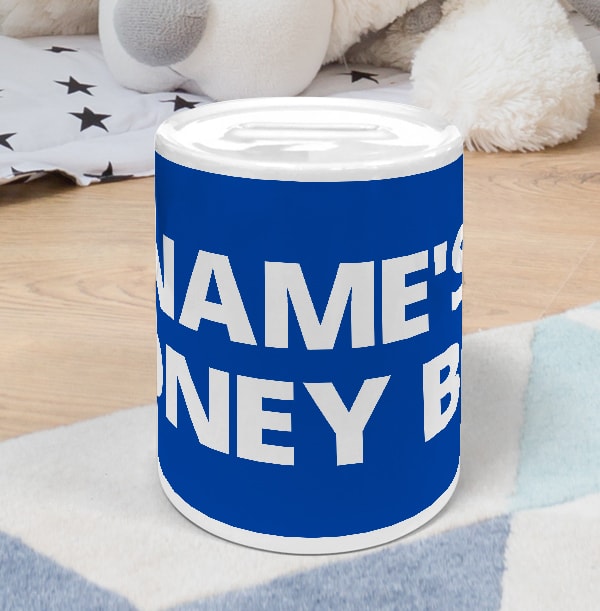 Personalised Name Money Box - Blue & White | Funky Pigeon